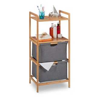 Relaxdays Badregal mit Wäschekorb, 2 Ablagen & 2 Stoffkörbe, Wäschesortierer Bambus, HBT: 96 x 44 x 34 cm, Natur/grau