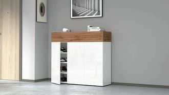 Dmora Schuhregal Nick, platzsparendes schuhregal mit 4 t&uuml;ren, multifunktionale eingangsgarderobe, 114 x 38 x 100 cm, wei&szlig; und Eiche