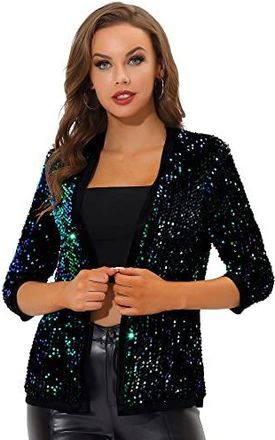 Allegra K Veste Blazer Élégante à Sequins pour Femmes Cardigan à Paillettes Manches 3/4 pour Soirée Gilet Brillante Costume de Fête Vert XL