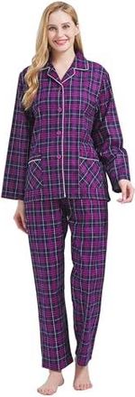 Global Femme Pyjama Flanelle Manches Long |Ensembles de Pyjama Coton |Chemises de Nuit Bouton | Chaleureux Vêtements de Nuit Confortable Bleu/Violet/Blanc, G