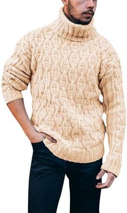 Generic Pull en tricot &eacute;pais &agrave; col roul&eacute; c&ocirc;tel&eacute; &agrave; manches longues pour homme - Pull d&eacute;contract&eacute; et chaud &agrave; col montant, beige, M