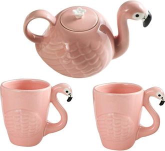 BESTONZON Bestnozon Flamingo-Teekanne und 2 Tassen, aus Keramik
