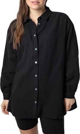 Sublevel Langarm Musselin Bluse mit Kentkragen - Damen Muselin Oversize Bluse, Baumwolle, Knopfleiste in verschienden Farben black L/XL