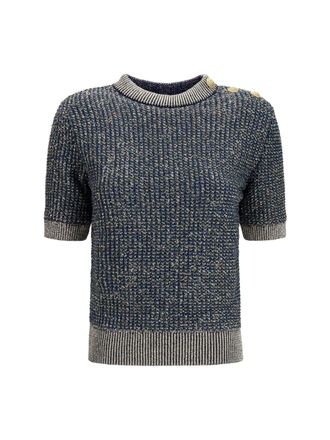 Balmain Womens Short-Sleeve Sequin Sweater Navy-Green Polyamide Tops Navy/green Top