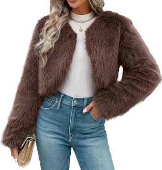 Generic Veste en fausse fourrure pour femme, manteau court en peluche, chaud et confortable, doublé polaire, vêtement dextérieur chaud et décontracté, style