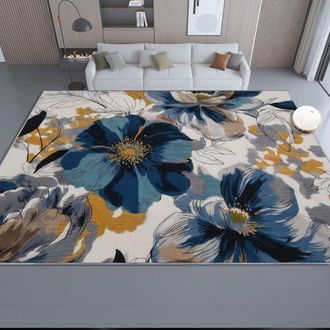 Generic Gris-Bleu Tapis pour Salon 160 x 230 cm, Lavables avec Dos Antid&eacute;rapant, Tapis &agrave; Poils Courts Imprim&eacute; &Eacute;l&eacute;gant Fleurs Campagne Rustique pour Cuisine Sa