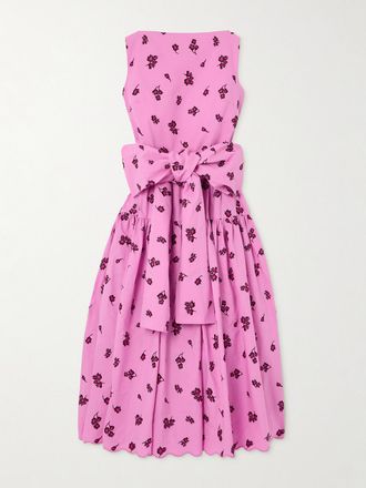 Erdem Robe Midi En Coton M&eacute;lang&eacute; &Agrave; Broderies, Festons Et Ceinture - Rose