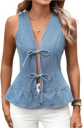 Generic Debardeur Femme Chic et &eacute;l&eacute;gant Jean Chemisier sans Manche Button D&eacute;bardeur Top Ete Haut Chic et Elegant Fluide Ample Caraco Vetement Femme Ete Tee Sh