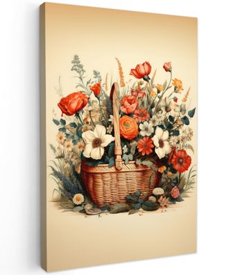 MuchoWow &copy; Leinwandbild 40x60 cm Dekoration Wohnzimmer Bilder Aufh&auml;ngen Wall Decoration Living Room Wohnungs Deko Moderne Vintage - Blumen - Korb - Beige - Far