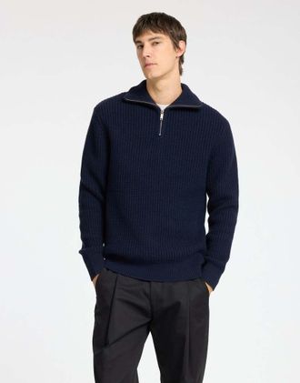 Selected Pull &agrave; col zipp&eacute; - Bleu capitaine-Gris