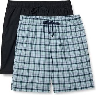 Amazon Essentials Short De Pyjama en Popeline De Coton Extensible Homme, Lot de 2, Noir/Écossais, XXS