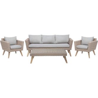 Beliani Salon de Terrasse Jardin 5 Places Table Basse Canap&eacute; et 2 Fauteuils Rotin Marron avec Coussins Gris Clair Mati&egrave;res Durables et Design Moderne Beliani