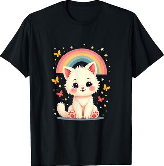 Mapanoli Design S&uuml;&szlig;e Regenbogenkatze mit Schmetterlingen und Sternen T-Shirt
