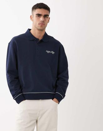 Calvin Klein Jeans Sweat &agrave; col polo et liser&eacute;s - Bleu fonc&eacute;