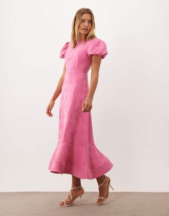 Sister Jane Sister Jane - Robe mi-longue en jacquard &agrave; manches bouffantes et ourlet structur&eacute; - Rose