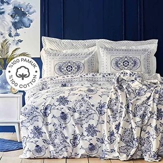 Karaca Home Amar Blue Bettbezug-Set f&uuml;r Doppelbetten aus 100% Baumwolle, Bettbezug 200 cm x 220 cm, Kissenbezug 50 cm x 70 cm, Blatt 240 cm x 260 cm, Oberbett f&uuml;r