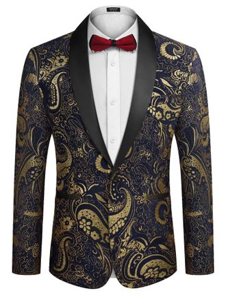 Coofandy Herren Floral Smoking Jacke Luxus Bestickter Anzug Hochzeit Blazer Abendessen Smoking für Party, Marineblau, XL