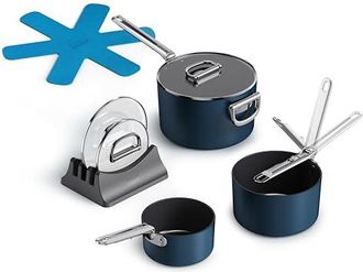 Joseph Joseph Space Ensemble de casseroles antiadh&eacute;sives, 3 pi&egrave;ces, poign&eacute;es pliantes, couvercles en verre, support pour couvercles, 2 protections de casseroles, co