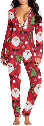 Generic Pyjama Femme - Combinaisons pour Femmes Sexy Bout &Agrave; Bout Bouton Dos Combinaison Col en V &Agrave; Manches Longues Barboteuse Pyjamas No&euml;l Impression Collecti