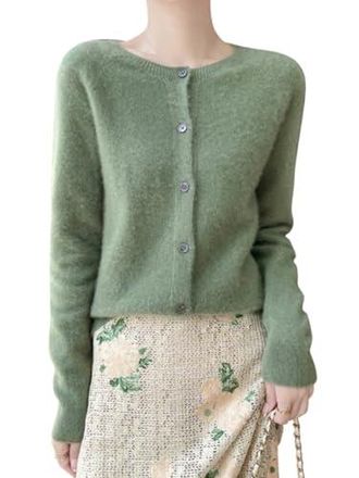 ORANDESIGNE Gilet Femme Chic et Elegant Gilet Court Col Rond Gilets Manches Longues Cardigan Laine Mi-Saison A Vert XL