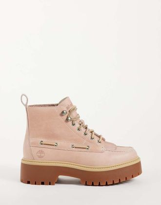 Timberland Stone Street bottines mi-hautes &agrave; lacets en cuir pleine fleur rose clair