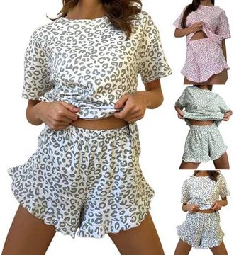 Generic Ensemble de pyjama &agrave; volants l&eacute;opard pour femme, ensemble de pyjama court imprim&eacute; l&eacute;opard, v&ecirc;tements de nuit tendance et l&eacute;gers, v&ecirc;tements de nuit uni