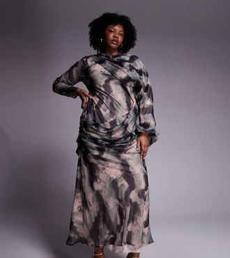 Asos Curve ASOS DESIGN Curve - Robe longue effet drap&eacute; sur lavant &agrave; manches blousantes et imprim&eacute; fleuri - Moutarde-Multicolore