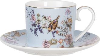 Clayre & Eef Tasse mit Untertasse 220 ml Blau Porzellan Rund Blumen Geschirr