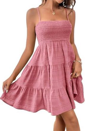 Generic Mini robe caraco avec smocks et bretelles spaghetti pour femme, robe patineuse d&eacute;t&eacute; taille haute, ample et confortable &agrave; volants, rose, XXL