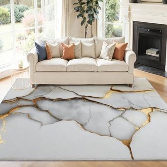 Generic Tapis Salon Marbre 3D Simple, Moquette Lavable en Machine avec Dessous Antid&eacute;rapant, Tapis D&eacute;coratif pour Chambre Cuisine Entr&eacute;e et Maison, Blanc Or, 