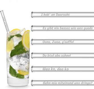 Halm HALM Glasstrohhalme Bayerische Sprüche Edition 6x 20 cm lang gravierte Lustige Party Trinksprüche Glas Strohhalme Glastrinkhalme Oktoberfest München T