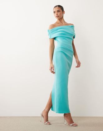 Asos Robe mi-longue fendue en imitation n&eacute;opr&egrave;ne &agrave; encolure Bardot - Bleu