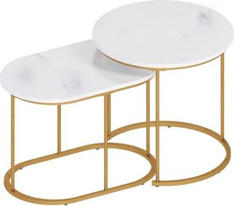 Soges Lot de 2 Table Gigognes Salon, Table dappoint, Table Basse Ronde de Canap&eacute; avec Cadre en M&eacute;tal Dor&eacute; pour Salon Balcon Terrasse et la Chambre,Blanc