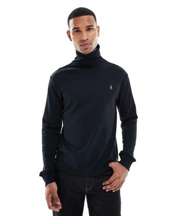 Polo Ralph Lauren Langärmliges Jersey-T-Shirt aus Pima-Baumwolle in Schwarz mit Markenlogo und Stehkragen