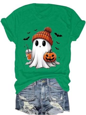 Generic T-shirt décontracté à manches courtes pour femme - Imprimé Halloween - 2026 - Confortable et élégant, Vert, XXL