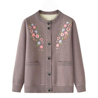 Generic Pull &agrave; revers brod&eacute; pour personnes &acirc;g&eacute;es, cardigan ample en velours tricot&eacute; &agrave; col rond, pulls &agrave; manches longues, v&ecirc;tements dautomne et dhiver, kaki, X