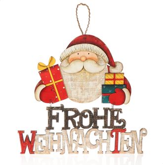 Com-Four Hängedeko Weihnachten - Holz-Aufhänger Schriftzug mit Santa Claus - Türschild FROHE WEIHNACHTEN aus Holz - Hänger für Türen, Wände, Fenster (Santa mit
