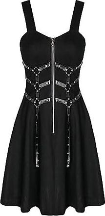 Generic Robe Gothique Femme Sexy, Deguisement Halloween Femme sans Manches avec Zippée Ourlet Coupe Ample Bretelles Style Steampunk Médiévale Chic Vintage Cos