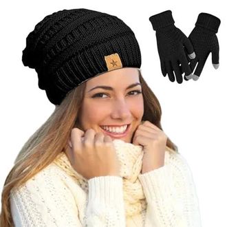 Generic Combinaison de chapeau et de gants pour femmes,Ensemble de moufles tricot&eacute;es r&eacute;sistantes au vent,Gants et chapeau &agrave; &eacute;cran tactile chauds | Pour les pe