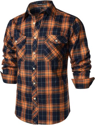 PARKLEES Herren Freizeithemden Regular Fit Button Down Check Kariert Flanellhemden mit Taschen PZLCL41 Orange XXL