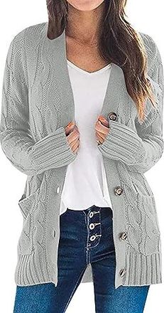 Generic Femme Hiver Cardigan Long à Col en V Ouvert sur Le Devant À Manches Longues avec Poches Cardigan à Boutons Femme Printemps Et Automne Pull Gilet Ouver