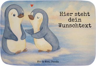 Mr. & Mrs. Panda Personalisierte Badematte Pinguine tr&ouml;sten Design - Geschenk, Badtextilien, Badteppich Mit Wunschtext, Hochzeitstag, f&uuml;r Freundin, Badvorleger Gravur,