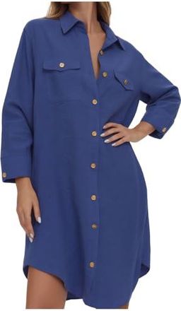 Generic Chemisiers surdimensionn&eacute;s pour femme, robe longue habill&eacute;e &agrave; col boutonn&eacute; &agrave; manches longues, chemise daffaires d&eacute;contract&eacute;e ample, noir fonc&eacute;, XXL
