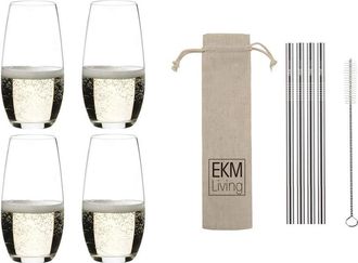Riedel Champagner-Glas O 4er Set, 0414/28 x 2 + Gratis 4er Set EKM Living Edelstahl Trinkhalme