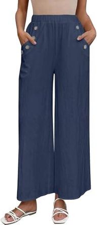 Generic Pantalon L&eacute;ger Femme Ample Fluide Large en Lin Pantalon Large Taille Haute en Coton pour Femme Style D&eacute;contract&eacute; Printemps et &Eacute;t&eacute; Detente L&eacute;ger (Navy 