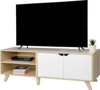 Relaxdays TV-Lowboard, 6 F&auml;cher, TV-Schrank bis 60 Zoll, HBT 50 x 140 x 40 cm, Fernsehtisch mit Kabelf&uuml;hrung, Natur/wei&szlig;