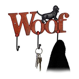 Relaxdays Wandgarderobe, 3 Haken, Hund und Woof-Schriftzug, Gusseisen, Wandmontage, HxBxT 17,5x25,5x4 cm, rot/schwarz, 1 Stück