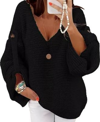 Generic Pull Oversize Femme Automne, col V, Maille &eacute;paisse &eacute;l&eacute;gante, Coupe Ample, Noir, Taille XL