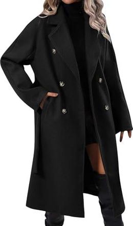 Generico Trench pour femme élégant et long manteau en laine à manches longues Couleur unie avec col roulé Vêtement chaud dhiver avec ceinture, Noir, XL