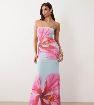 KAIIA Exclusivit&eacute; - Kaiia - Robe bandeau longue pr&egrave;s du corps en tulle &agrave; ourlet sir&egrave;ne - Aigue-marine &agrave; fleurs roses-multicolore